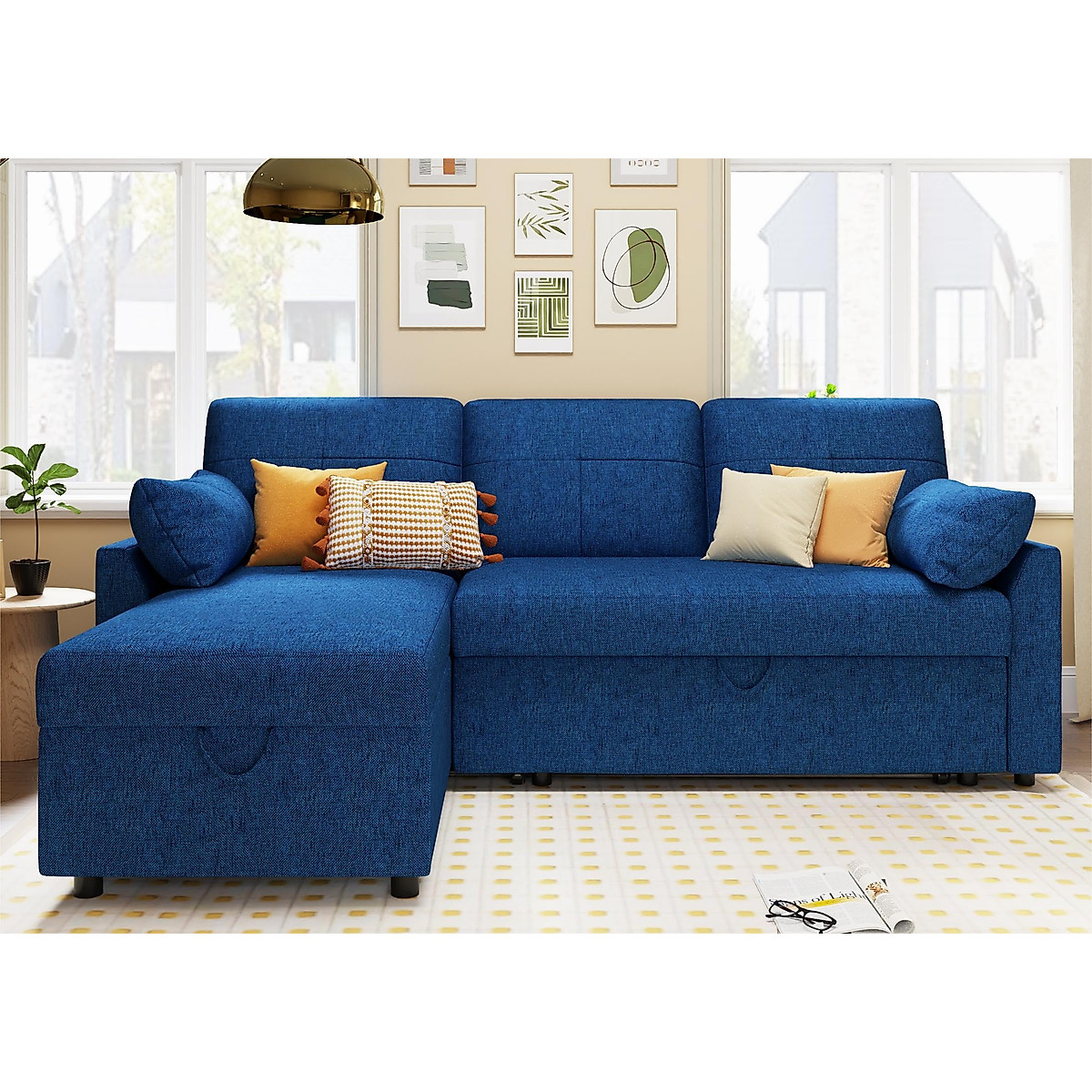 VanAcc Sofa Bed, Sleeper Sofa with Storage Chaise- 2 in 1 Pull Out Couch Sofa for Home Office, Living Room, Comfy Sofa Sleeper, Blue Linen Couch