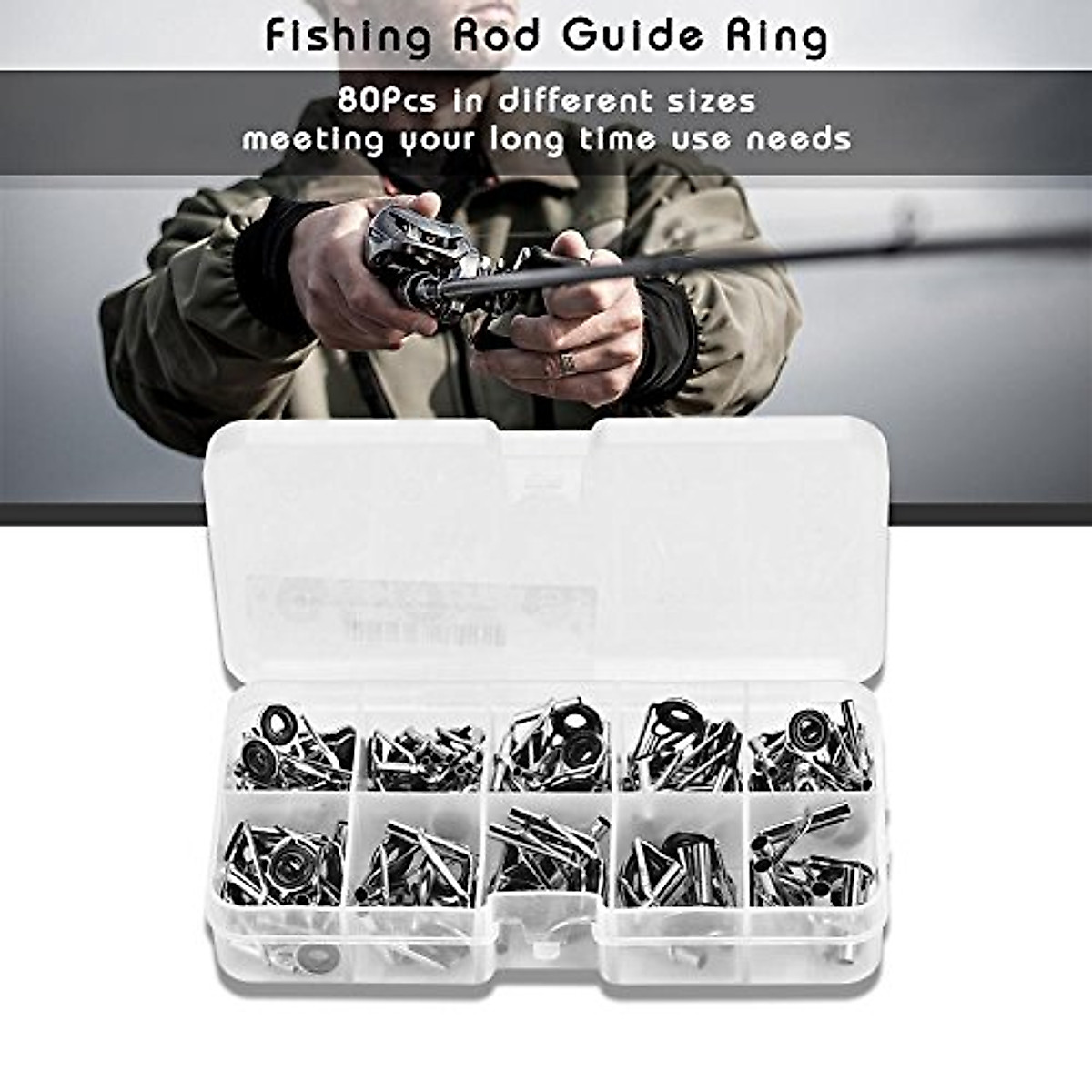 Demeras 80Pcs Fishing Rod Guides Fishing Rod Tip Repair Kit Leo Fishing Rod Rings Tips Set in 10 Sizes Replacement Accessory