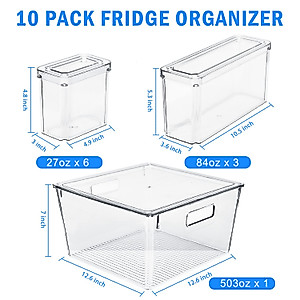 Pomeat 10 Pack Fridge Organizer with Lid Stackable Refrigerator Organizer Bins BPA-Free Fridge Organizers and Storage Clear Kitchen Cabinet Pantry Organization Fruit and Vegetable Storage Containers