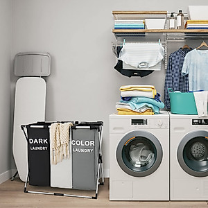 Laundry Basket Hamper 3 Section Dirty Clothes Hamper with Mesh Cover Foldable Aluminum Frame Laundry Sorter Organizer for Bathroom Bedroom Nursery (White+Grey+Black）