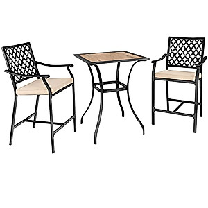 Giantex 3 Piece Patio Bar Table Set Outdoor Square Bistro Bar Table High Chairs with Cushion Metal Stool All Weather Patio Dining Set Garden Backyard Porch Lawn Poolside (3 Piece Patio Bar Set)