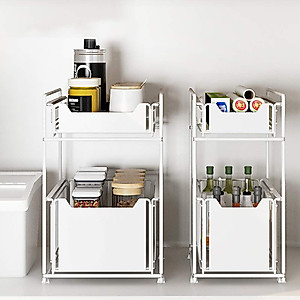 Warmiehomy Under Sink Organizers and Storage,2 Tier Sliding Metal Drawer Seasoning Shelf Storage,Pull Out Cabinets Organizer Shelf for Kitchen/Pantry/Bathroom/Office (White) (37.4×26.5×44cm