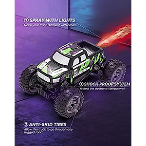 DEERC DE44 Remote Control Monster Truck with Fog Mist, Dual Motors Off Road RC Car, 4WD Rock Crawler with LED Lights, Spray Water Mist, 70+ Min Play, Toy Vehicle for Boys Girls and Adults