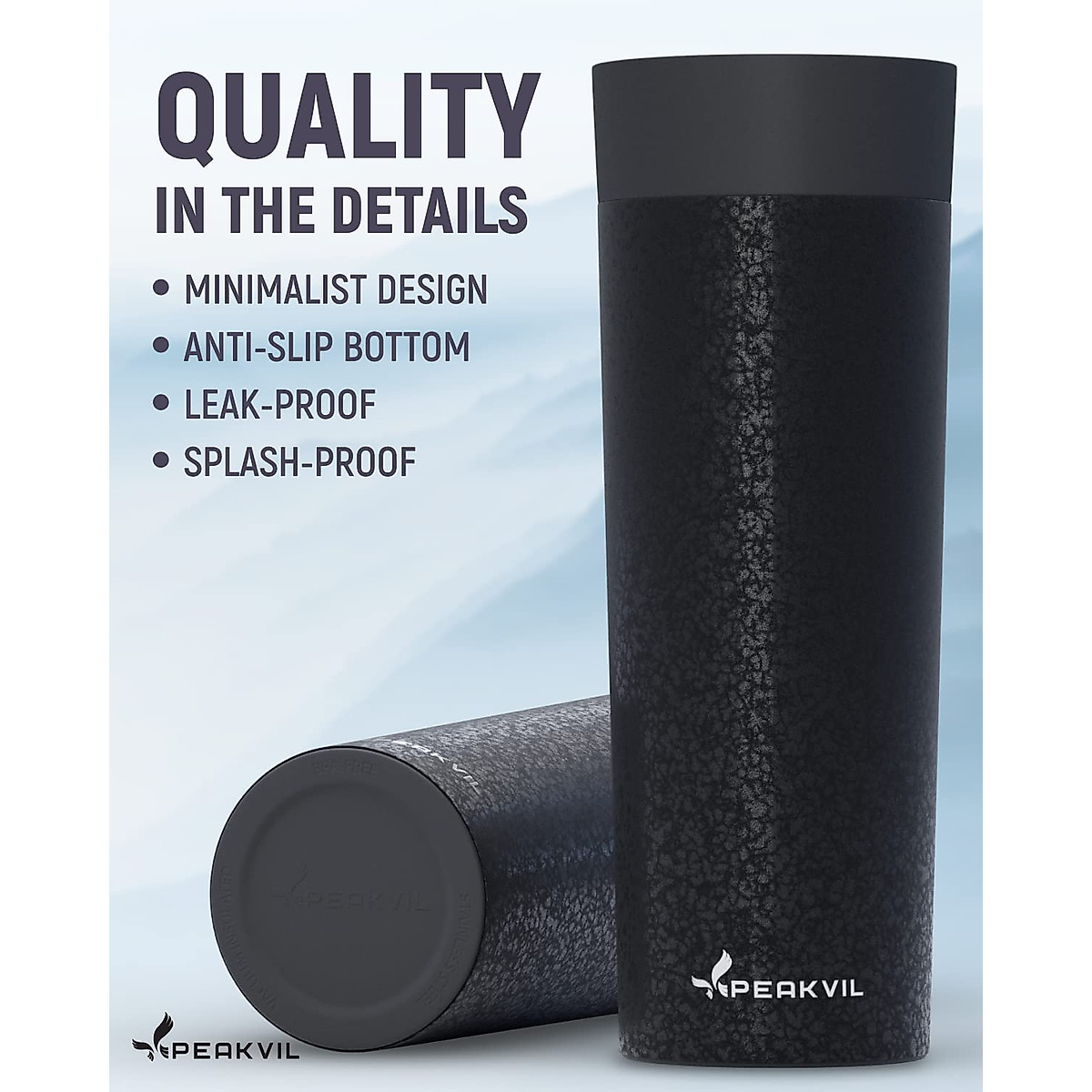 Peakvil 16 oz Insulated Thermos Travel Coffee Mug with Push Button Lid - Leakproof Reusable 304 Stainless Steel Tumbler Cup for Keep Hot/Ice