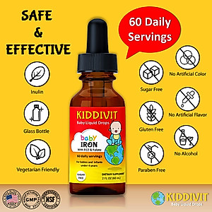 Kiddivit Baby Iron Liquid Drops with Vitamin B12 & Folate - 60 Daily Servings, 2 Fl Oz (60 mL) - Inulin Fortified (Prebiotic, Dietary Fiber) - Sugar Free, Gluten Free, Vegetarian Friendly