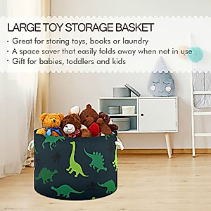 Kigai Green Camo Dinosaur Storage Basket, Collapsible Round Toy Storage Bin, Decorative Laundry Hamper with Handles, Large Organizer Bins