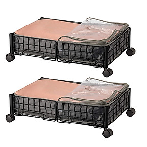 HOUSE AGAIN 2-in-1 Under Bed Clothes Storage with Wheels, Rolling Drawers Shoe Organizer, Underbed Storage Cart, Under-bed Basket with Wheels & Storage Bags, Clear Window, 2 Pack, Black