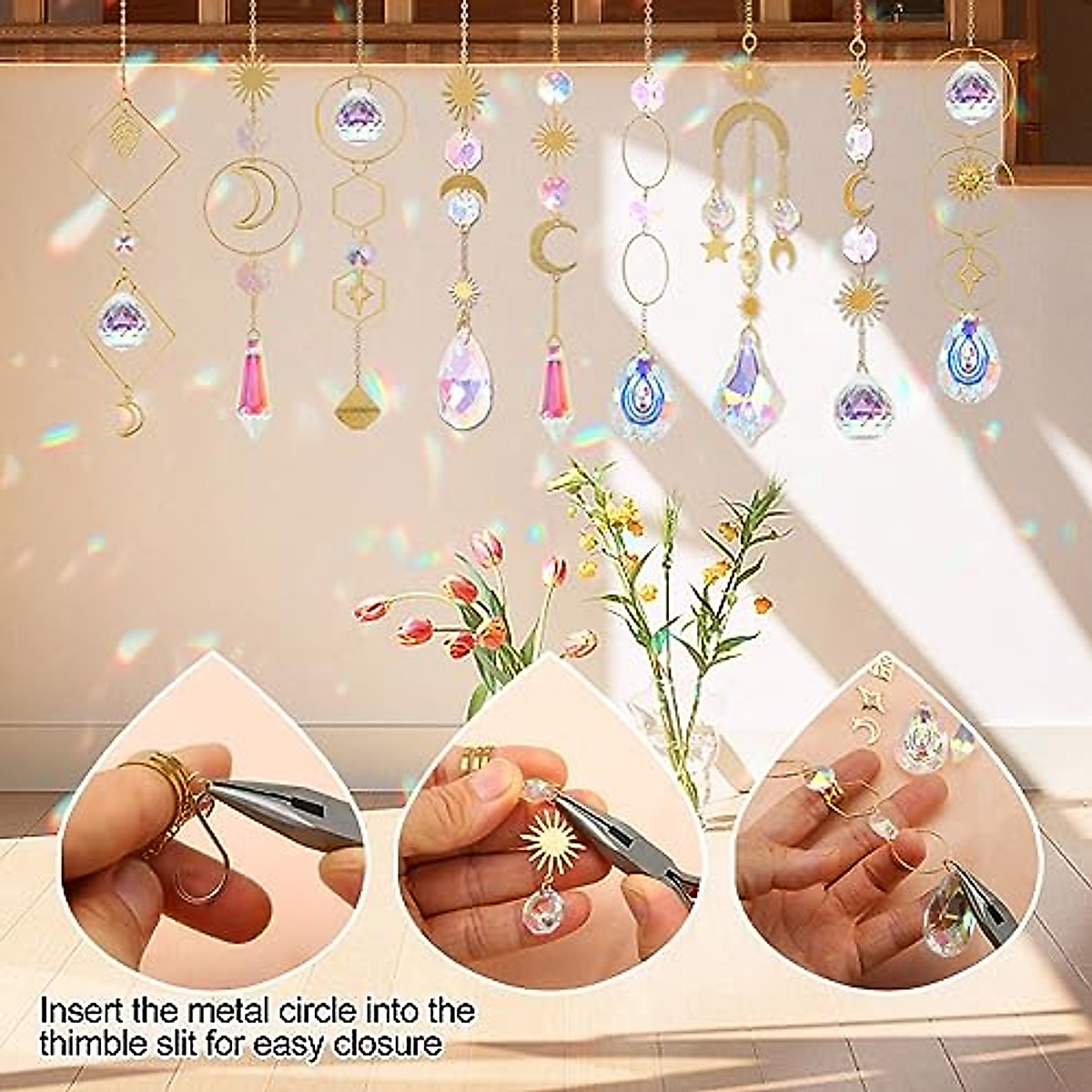 HYBEADS 200 pcs DIY Sun Catchers Making Kits Craft for Adults Crystal Suncatchers Supplies Stained Glass Window Hanging Prism Indoor Outdoor Garden Xmas Decor with Rainbow Maker Pendants Chains