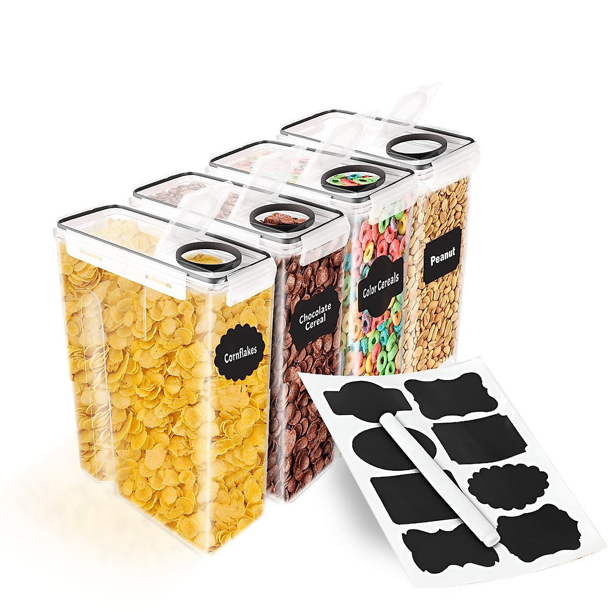 Generic UHS Cereal Containers Storage - 4-Piece Airtight Container Set, Transparent Food Organizers with Lids 4 Liter Reusable Labels & Marker, Clear