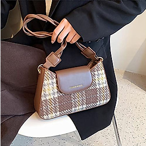 RTGGSEL Trendy Women‘s Lattice Plaid Striped Woolen Saddle Crossbody Shoulder Handbags Underarm Satchel Tote Clutch Purse Hobo Bag (Coffee)