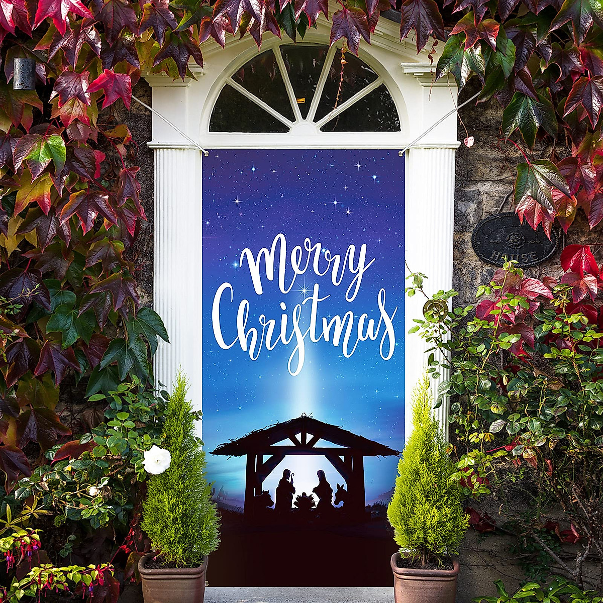 Christmas Door Decoration Merry Christmas Jesus Door Cover Holy Night Christ Born Photography Background Xmas Baptism Front Door Banner Shepherd Santa Mary Starry Backdrop Party Supplies