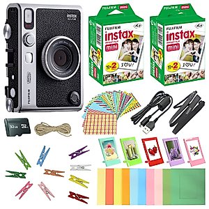 FUJIFILM INSTAX Mini EVO Hybrid Instant Camera + Fuji Instax Film Value Pack (40 Sheets) 32GB Accessories Bundle 5 Plastic Desk Frames + 10 Paper Frames Plus 60 Sticker Frames