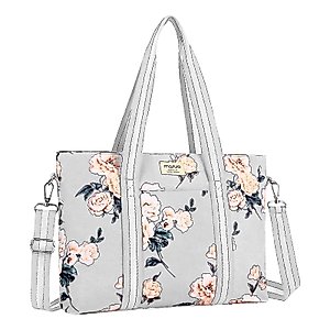 MOSISO Laptop Tote Bag for Women (17-17.3 inch), Canvas Camellia Multifunctional Work Travel Shopping Duffel Carrying Shoulder Handbag, Grey