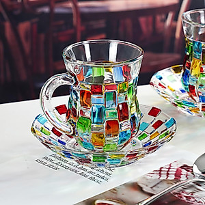 StarLuckINT Unique glass teacups, 4 oz glass espresso cups and saucers, hand-painted stained cups, set of 2, dishwasher microwave safe, for Lungo, Moka, Americano and small hot drinks (warm colors)