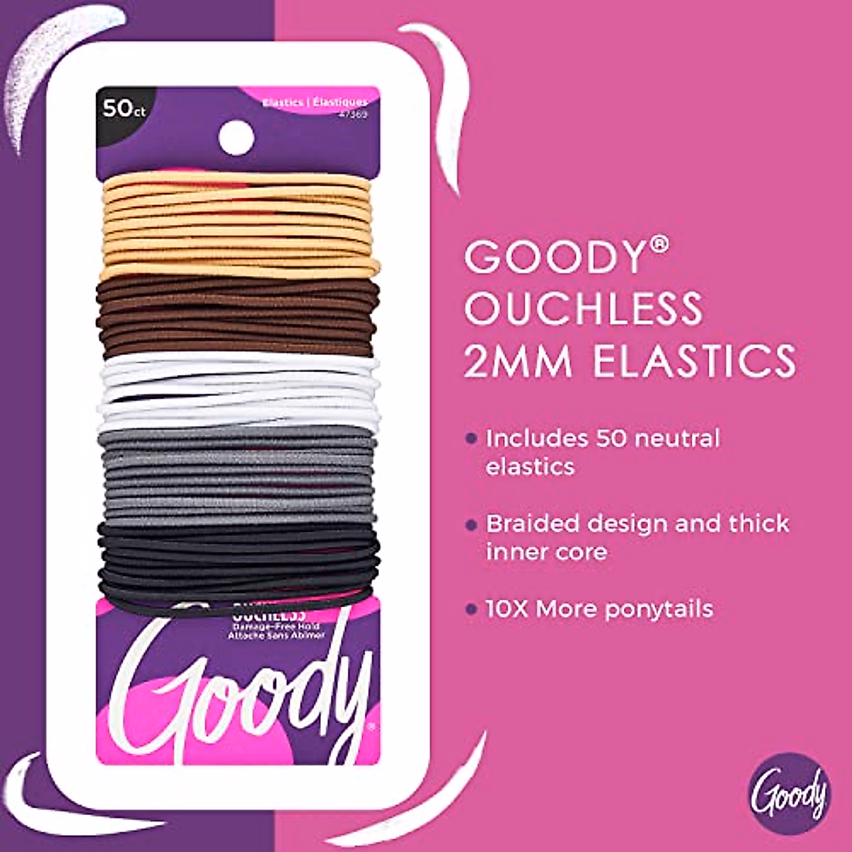 GOODY Ouchless Elastic Hair Tie - 50 Count, Neutral Colors - 2MM for Fine to Medium Hair - Pain-Free Hair Accessories for Men, Women, Boys, and Girls - for Long Lasting Braids, Ponytails