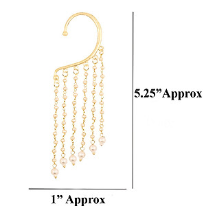 Touchstone Indian bollywood innovative ear shape lucrative look faux pearls hangings long bridal chandelier designer jewelry earrings for women in gold tone.