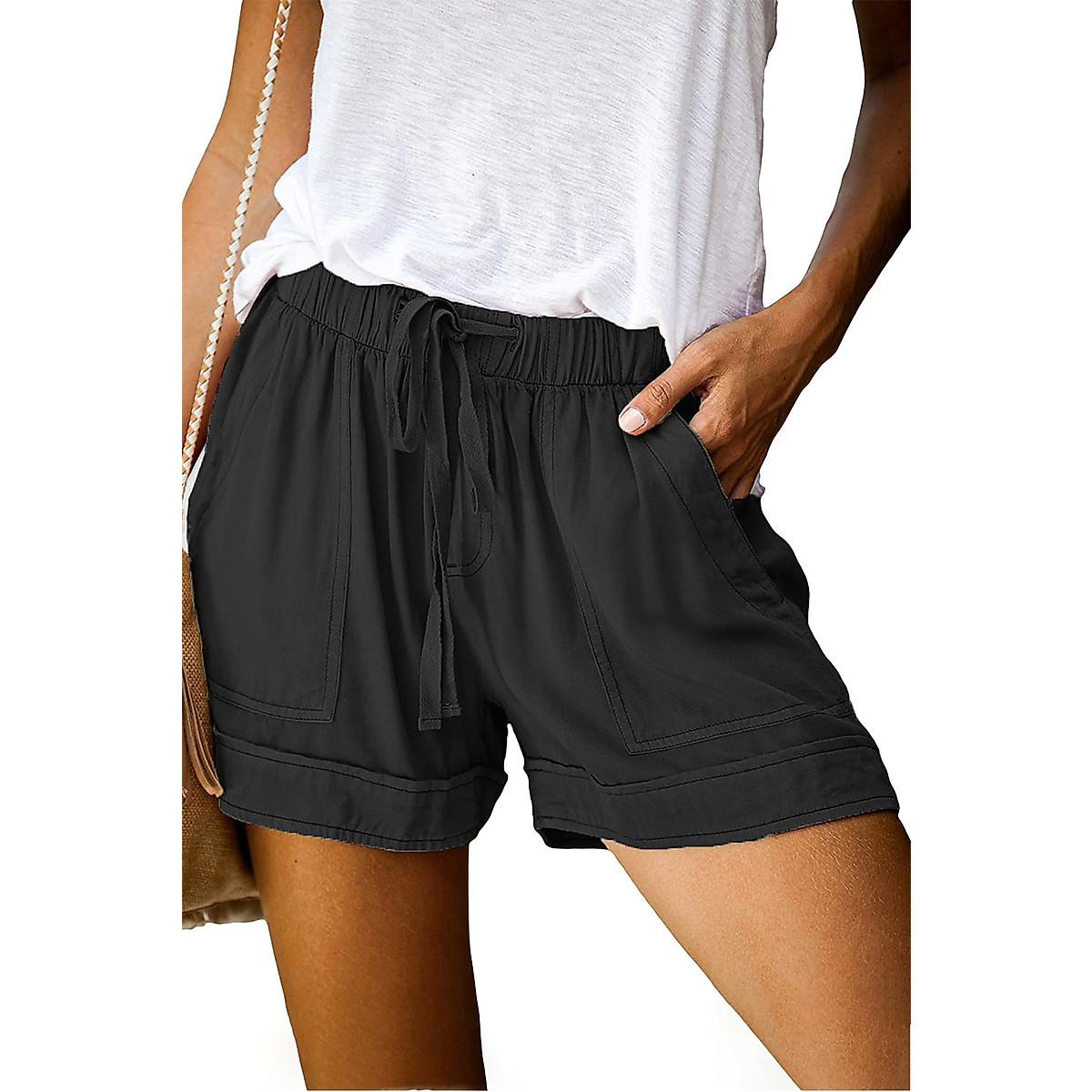 Mosucoirl Women Comfy Drawstring Casual Elastic Waist Pure Color Shorts Summer Beach Lightweight Short Pants with Pockets(A Black,X-Large)