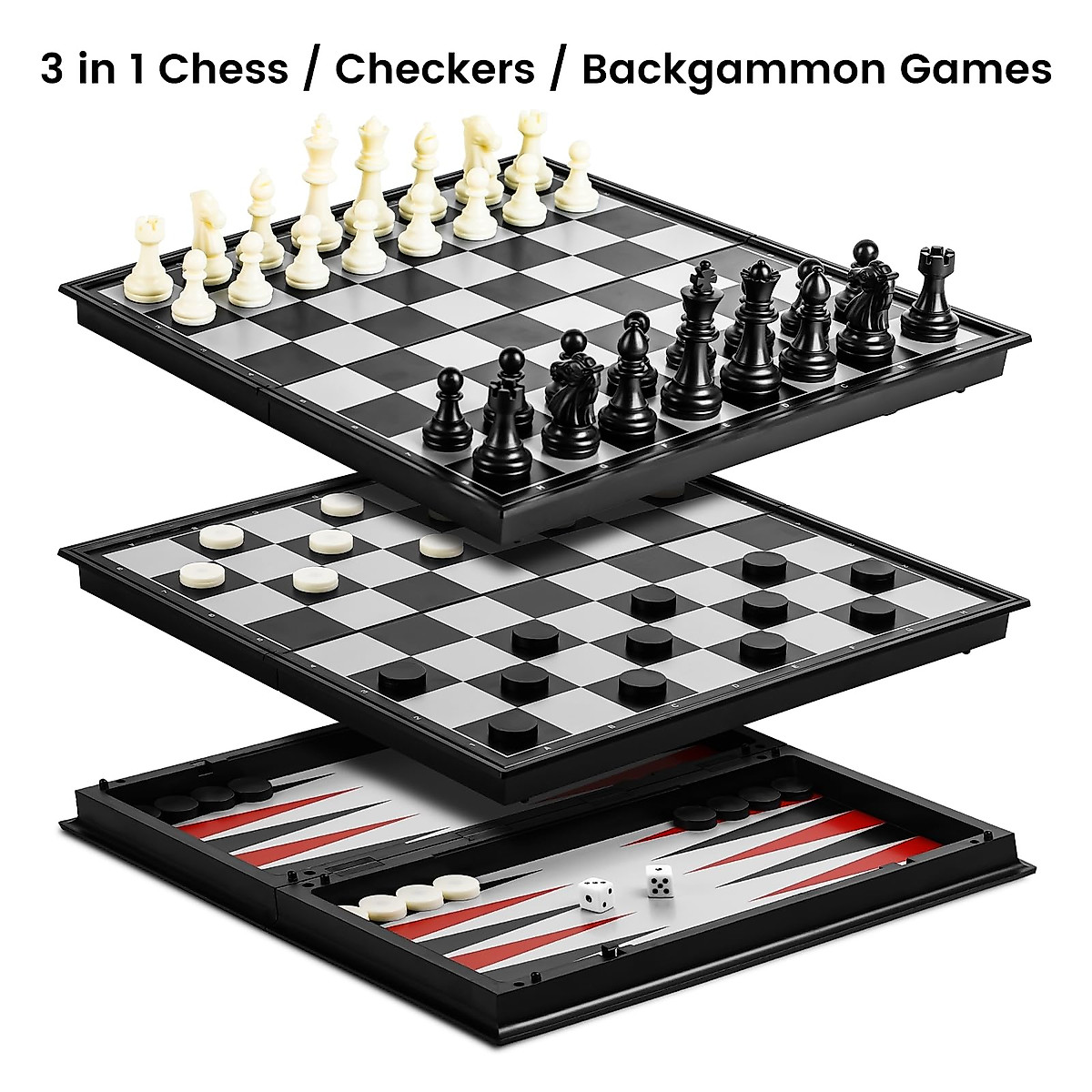 Joneytech Magnetic Chess Set for Kids and Adults, 13 inch 3 in 1 Chess Checkers Backgammon Travel Portable Folding Sets, Gift Children Chess Board Game with Extra Queen