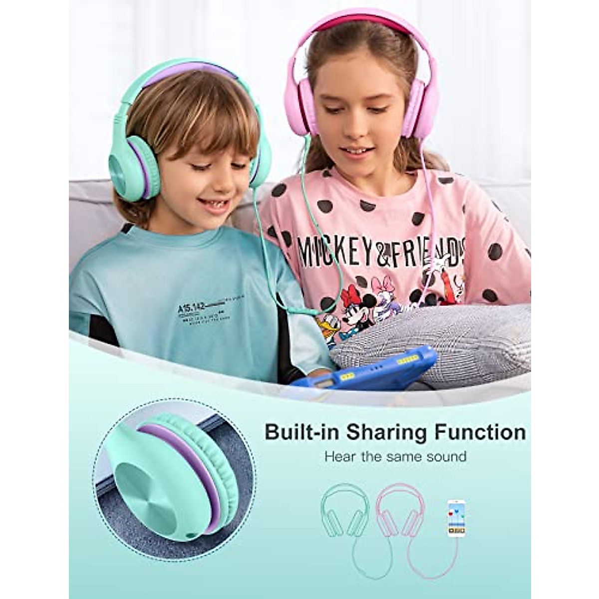 Kids Headphones with Microphone, Over-Ear Headphones for Kids with Sharing Function, 85dB/94dB Safe Volume Limit, HD Sound, Headset for On-line Study, School, Travel, Headphone for Children [Green]