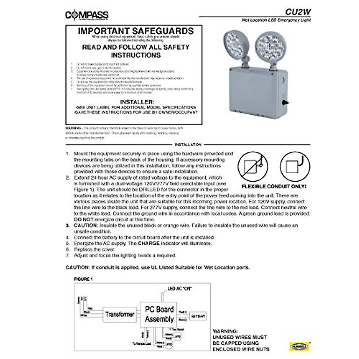 Compass CU2WG Emergency Lights for Power Failure with 2 Adjustable LED Lamp Heads, 90-Minute Run Time, Commercial Grade UL924 Wet Location Remote Capable, 120-277V, Grey