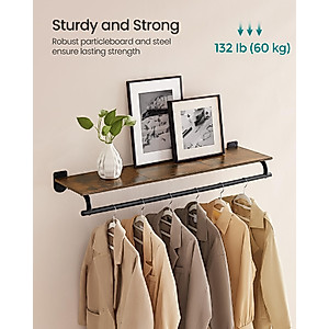 SONGMICS Clothes Rack with Top Shelf, Wall Mounted Clothing Rack, with Hanging Rod, Loads up to 132 lb, 11 x 42.9 x 5.2 Inches, Entryway, Bedroom, Closet, Rustic Brown and Ink Black UHSR135B01