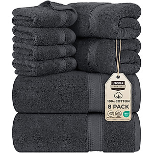 Utopia Towels 8-Piece Premium Towel Set, 2 Bath Towels, 2 Hand Towels, and 4 Wash Cloths, 600 GSM 100% Ring Spun Cotton Highly Absorbent Towels for Bathroom, Gym, Hotel, and Spa (Grey)