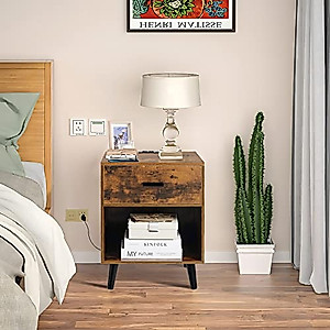 Quimoo Nightstand Set of 2 with Charging Station. Bedside Table with 1 Drawer and 1 Open Storage Space for Bedroom, Rustic Brown