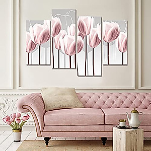 Floral Canvas Wall Art,Canvas Print Pink Tulips for Wall Decor, Framed and Stretched 4 Panels Elegant Flowers Canvas Prints (01 Pink Tulip)