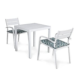 Soleil Jardin 3-Piece Outdoor Bistro Set Aluminum Patio Furniture Bistro Table Set Outdoor Dining Table and Stackable Chairs with Cushion, White Finish & Lattice Cushion