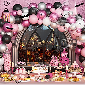 Fiesec Pink Halloween Balloon Garland Arch Kit, Halloween Themed Party Decorations with BOO Foil Balloons Spider Web Bat Ghost, Happy Boo Day Halloween Indoor Outdoor Yard Home Room Décor