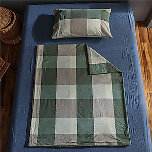 NSNLGSGC Twin 100% Washed Cotton Duvet Cover Set Green - Kids Buffalo Plaid Linen Feel Bedding Set,Durable & Breathable Comforter Cover Set(2PCS, Twin)