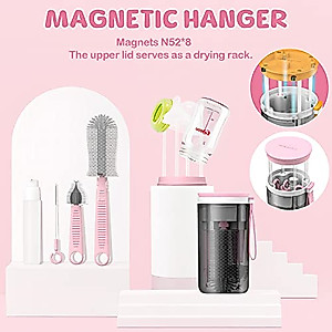 Travel Baby Bottle Brush Set, AivaToba Baby Bottle Cleaning Set with Portable Drying Rack, Silicone Bottle Brush, Nipple Brush, Straw Brush, Soap Dispenser, Gift for New Moms-Pink