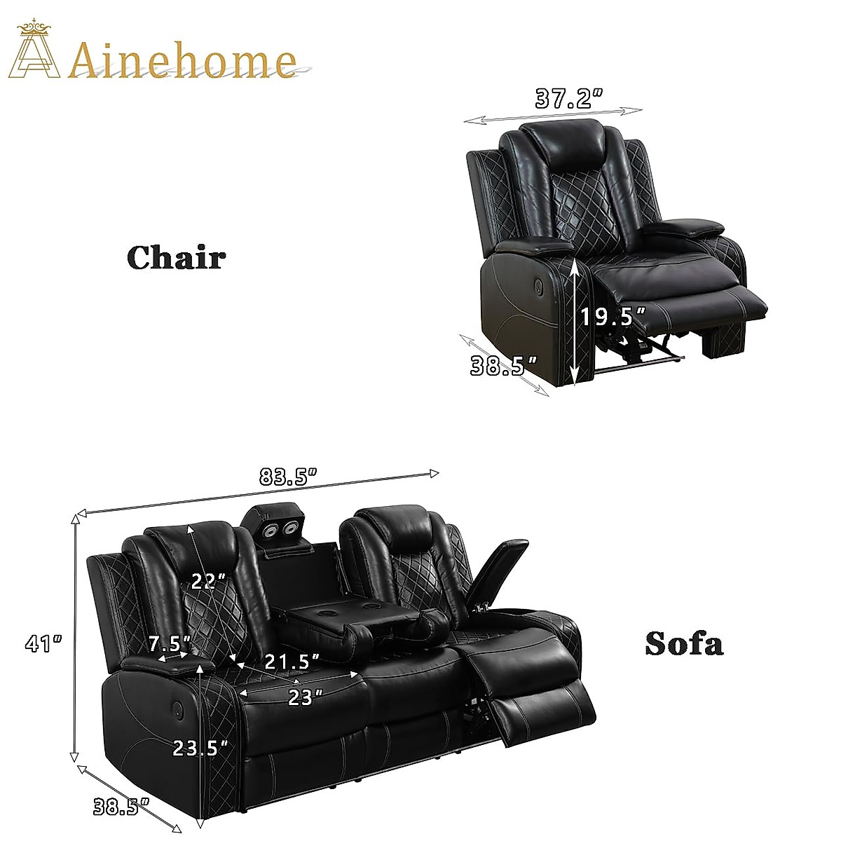 A Ainehome Living Room Furniture Power Recliner Set, Leather Sectional Sofa Set for Living Room, Home Theater, with LED Lights, Hide-Away Storage, Wireless Charging(B-Black,Sofa+Chair)