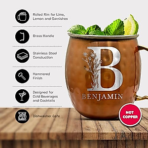 Personalized Custom Brown Mug Hammered Finish Moscow Mule with Brass Handle | Bold Earth Monogram Engraved Bar Style Cup, 18 oz | Single