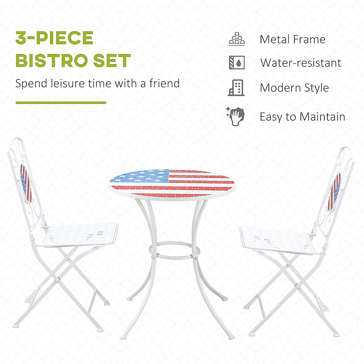 Outsunny 3 Piece Patio Bistro Set, Folding Outdoor Furniture with USA Mosaic Table and Chairs, Portable Metal Frames for 4th of July, Balcony, Backyard, Poolside, Porch, American Flag