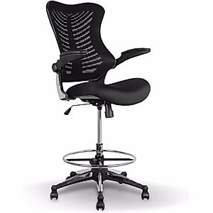 OFFICE FACTOR Stool Clerk Teller Drafting Chair Reception Black Mesh Flip up Armrest Molded Seat with a Single Handle Mechanism (Stool Black MESH Fabric)