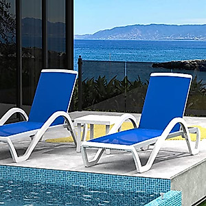 Domi Patio Chaise Lounge Chair Set of 3,Outdoor Aluminum Polypropylene Sunbathing Chair with Adjustable Backrest,Arm,Side Table,for Beach,Yard,Balcony,Poolside(2 Blue Chairs W/Table)