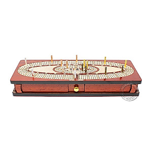 House of Cribbage - Continuous Cribbage Board/Box Inlaid in Blood Wood/Maple : 4 Track - Sliding Lids, Drawer & Metal Pegs with Score Marking Fields for Skunks, Corners and Won Games