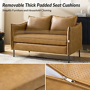 HULALA HOME 53" Faux Leather Loveseat Sofa, 2 Seater Loveseat Couch with Solid Wooden Frame, Modern Small Couches for Small Space with Curved Arms Removable Cushions(Camel)