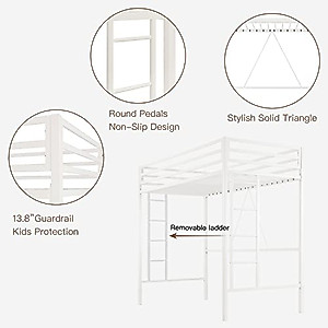 ikalido Metal Loft Bed Twin Size, Multifunctional Twin Bed with Safety Guard & Removable Ladder, Space-Saving/Noise Free/No Box Spring Needed/Matte White