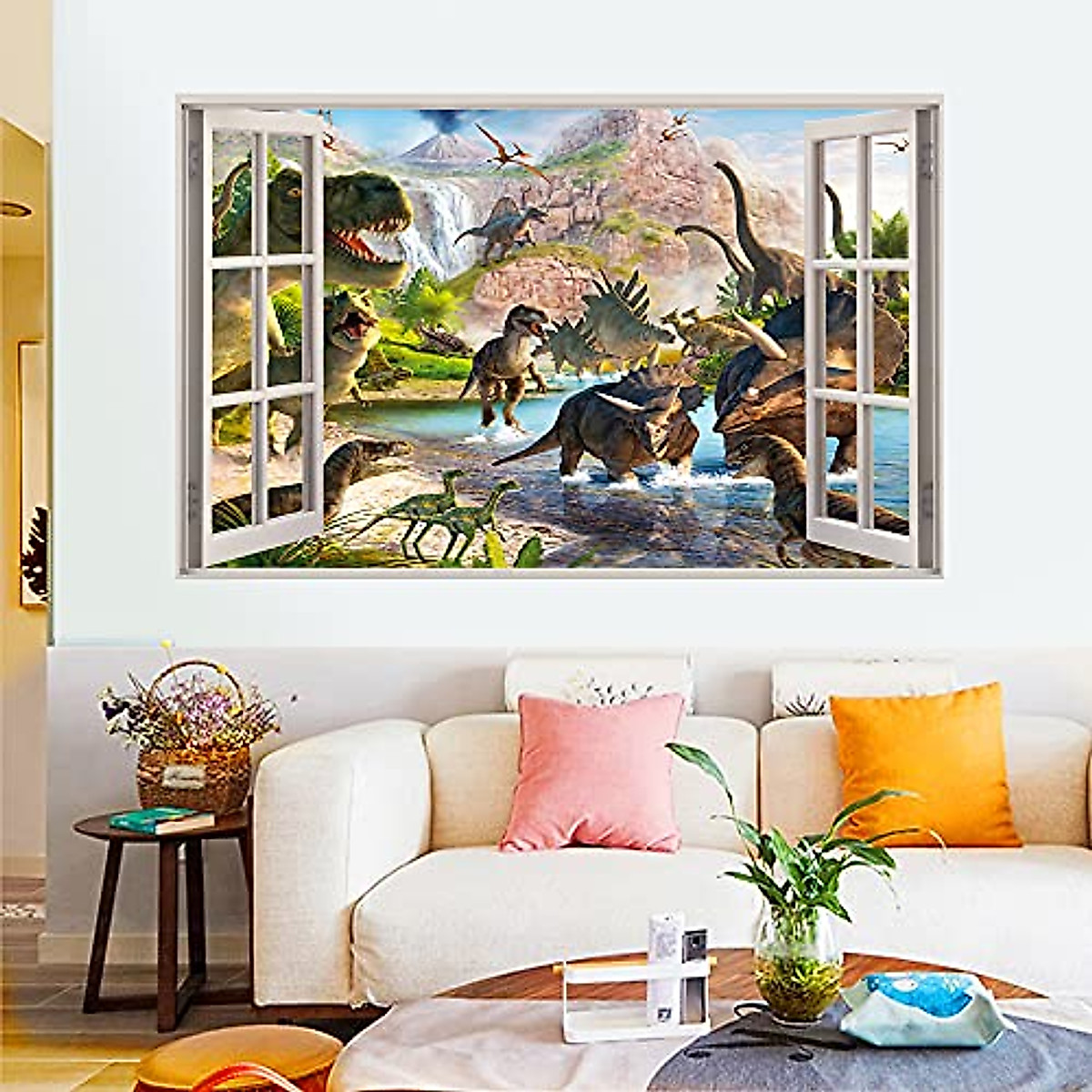 3D Watercolour Dinosaur World Fake Windows Wall Sticker,Peel and Stick Removable Decals for Kids Nursery Bedroom Playroom Living Room Decoration（27.55"x17.32"）