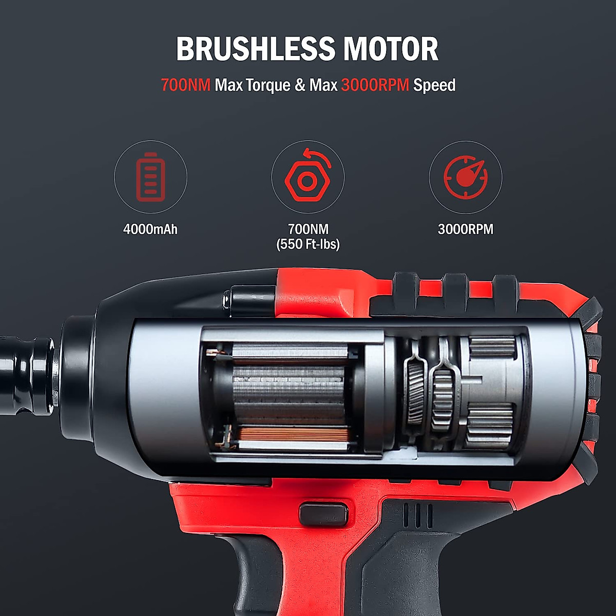 Aiment Cordless Impact Wrench 1/2 inch, 550 Ft-lbs Max Torque(700NM), 21V 3000RPM Brushless Power Impact Gun, 4.0Ah Li-ion Battery with Fast Charger, 6Pcs Sockets, Electric Impact Driver for Car Home