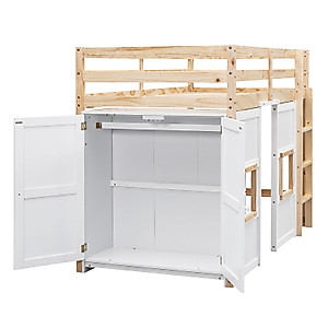 VilroCaz Playhouse Design Twin Size Loft Bed with Built-in Storage Wardrobe and 2 Windows, Solid Wood Loft Bed Frame with Safety Guardrail for Kids Teens Boys Girls, Space-Saving (Whit+Natural)