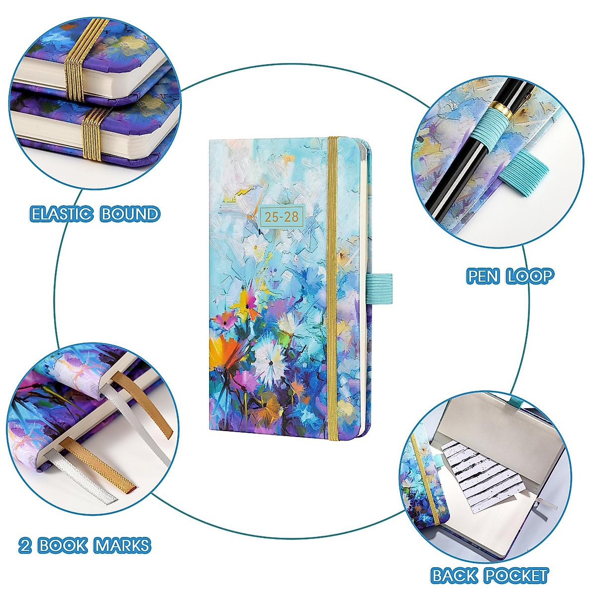 2025-2028 Pocket Planner/Calendar - 3 Year Monthly Planner 2025-2028, July 2025 - June 2028, 6.3" x 3.8", 60 Notes Pages, Inner Pocket, Pen Loop, Elastic Closure, Perfect Organizer for Purse