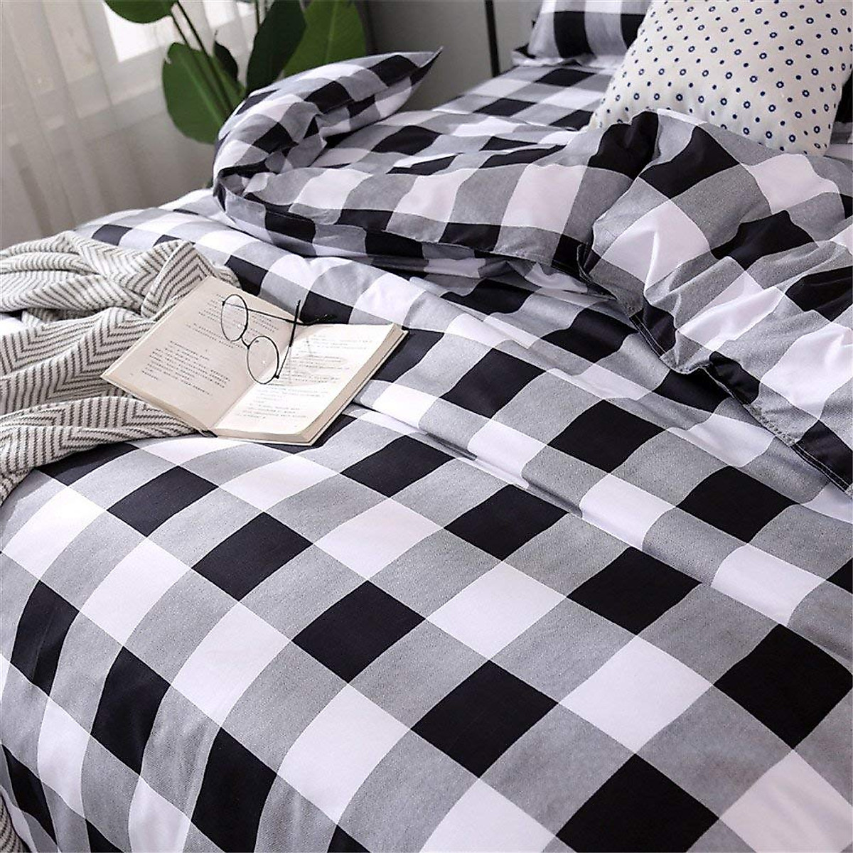 Farmhouse Buffalo Checked Bedding Set Black Gray White Plaid Comforter Cover Twin,Soft Lightweight Grid Bedspreads, 1 Lattice Duvet Cover , 1 Pillow Sham Modern Geometric Decor Grey Quilt,Zipper