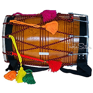 Dhol Drum by Maharaja Musicals, Mango Wood, Natural, Barrel Shaped, Padded Bag, Beaters, Nylon Shoulder Strap, Punjabi Bhangra Dhol Musical Instrument (PDI-GE)