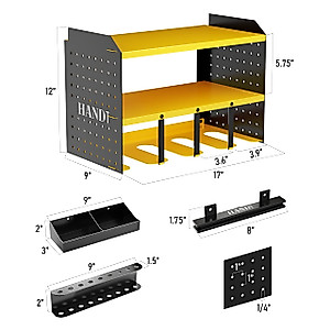 HANDT Power Tool Organizer, Wall Mount Drill Holder Garage Storage Rack, Pegboard Screwdriver Holder with Magnet Bar & Organization Bin, Cordless Drill Battery Charging Station Utility Shelf, Yellow