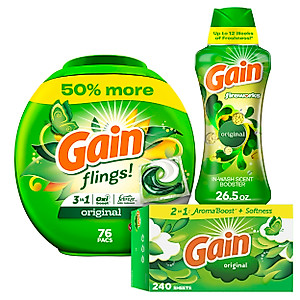 Gain flings Laundry Detergent Soap Pacs, Original Scent, 76 Count + Gain Fireworks Laundry Scent Booster Beads, Original, 26.5 oz + Gain Dryer Sheets Laundry Fabric Softener, Original Scent, 240 Count