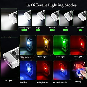 Hisim Mini Powerful Keychain Bright 1000 Lumens EDC Flashlight with 14 Lighting Modes, 365NM UV Light COB Side Light IPX4 Pocket Tail Magnet Buzzer Alarm Rechargeable Flashlight White