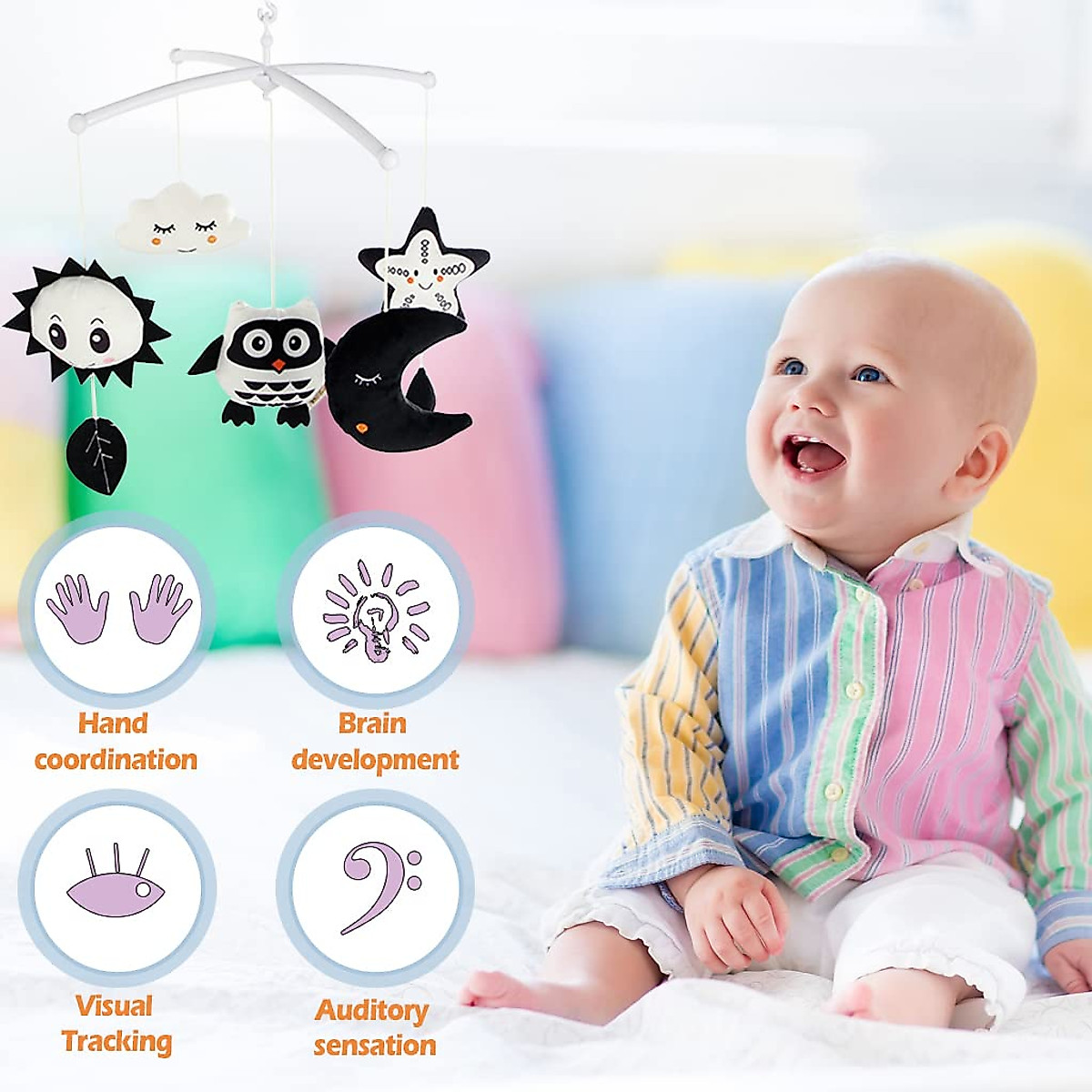 KAKIBLIN Baby Crib Mobile, Mobile for Crib with Hanging Rotating Toys, Nursery Mobile for Newborns with Music Box, Black and White Mobile for Baby Girls & Boys 0-24 Months,Owl